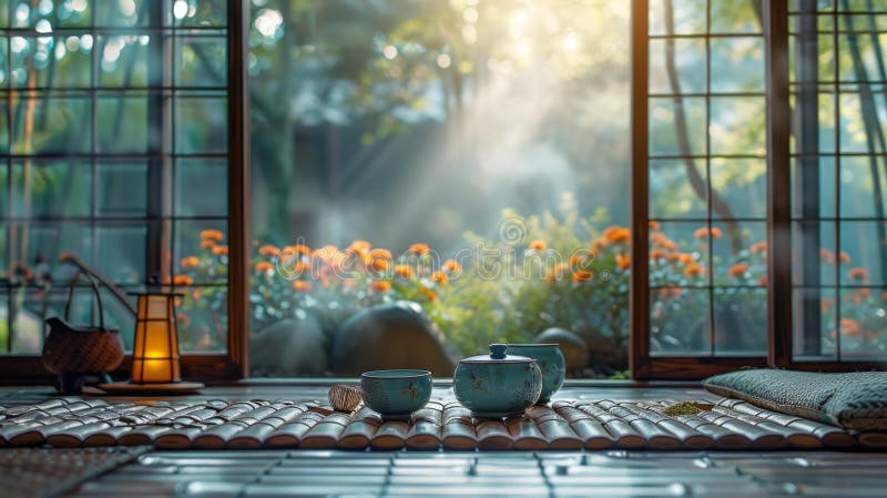 Tranquil Japanese Tea Room with Sunlight - Generative Ai Stock ...