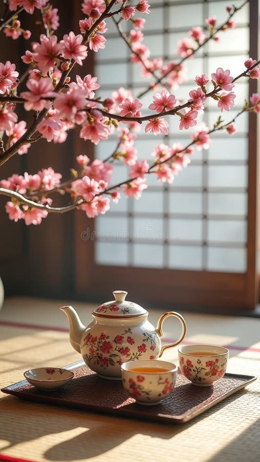 Tranquil Japanese Tea Setting with Cherry Blossoms Stock Image - Image ...