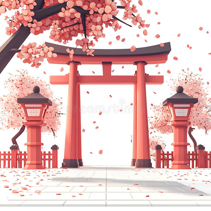 Tranquil Japanese Torii Gate Under Cherry Blossoms 3D Render Stock ...