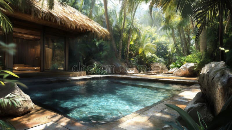 Tranquil Jungle Pool and Hut Escape Stock Illustration - Illustration of hidden, swim: 378653921