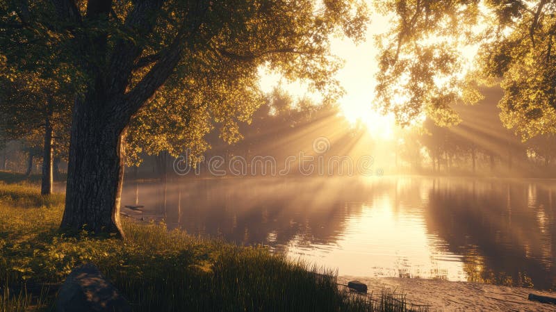 Tranquil Lake Landscape at Sunset with Golden Sunlight Streaming ...
