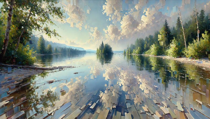 Tranquil Lake with Reflections of Forest and Clouds in Abstract ...