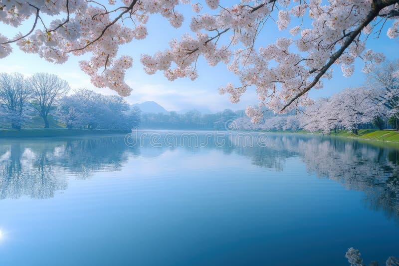 A Tranquil Lake Scene in Spring, Reflecting Blooming Trees and Clear ...