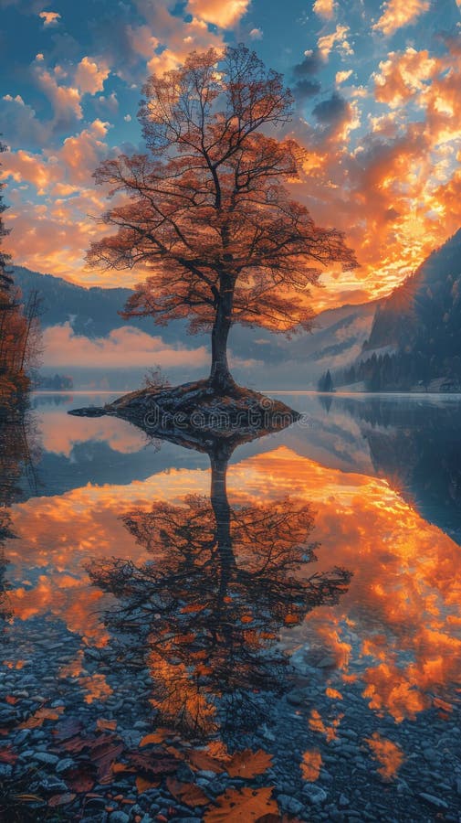 Tranquil Lake with Sunset through Trees Stock Photo - Image of ...
