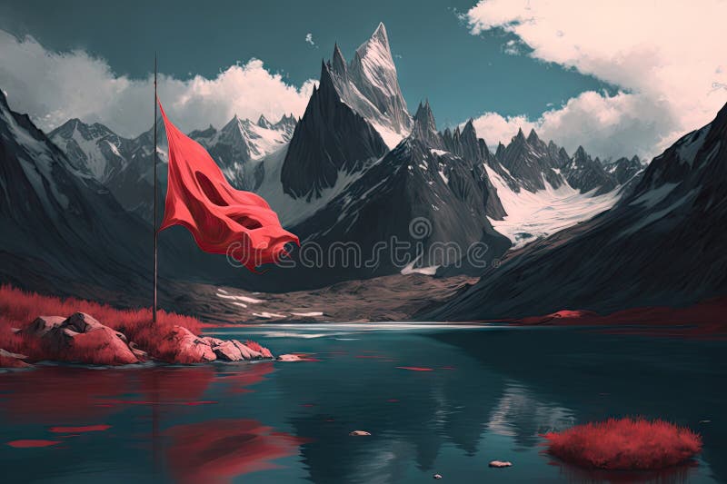 Tranquil Lake Surrounded by Towering Peaks, with Red Flag Fluttering in ...