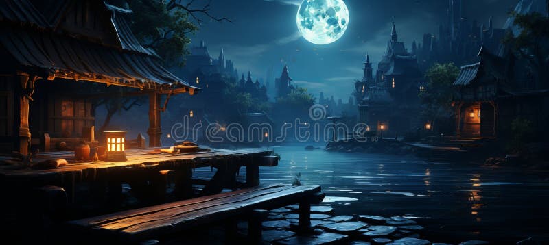 Tranquil Lakeside at Dusk Wooden Dock Under Starry Night Sky with Full ...