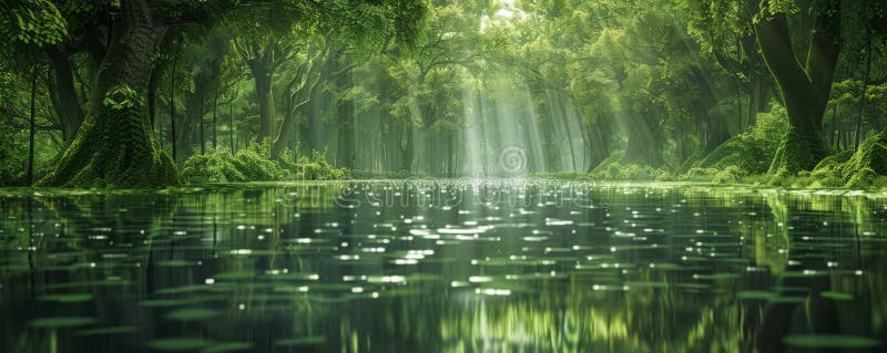 A Tranquil Lakeside Forest Background with Mirrored Reflections, Lush ...