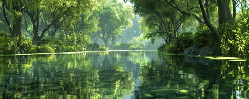 A Tranquil Lakeside Forest Background with Mirrored Reflections, Lush ...