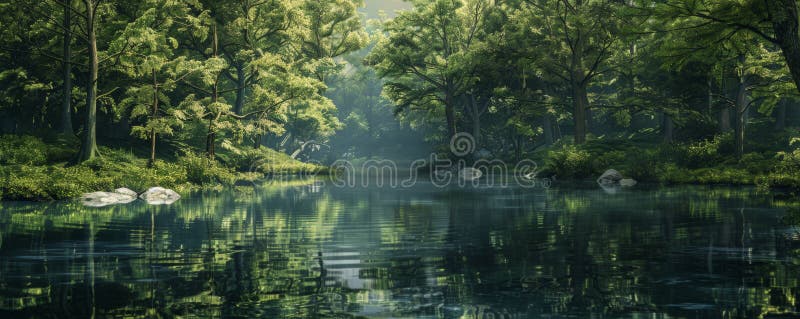 A Tranquil Lakeside Forest Background with Mirrored Reflections, Lush ...