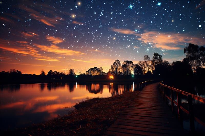 Tranquil Lakeside Paradise Wooden Dock Under Starlit Sky with Full Moon ...