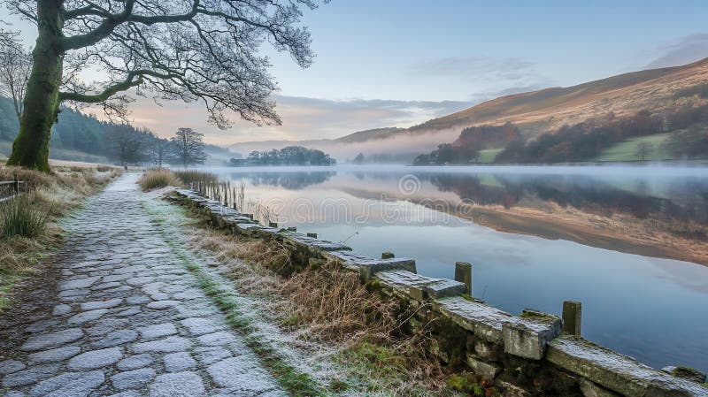 Tranquil Lakeside Scene Featuring a Stone Path and Misty Reflections at ...