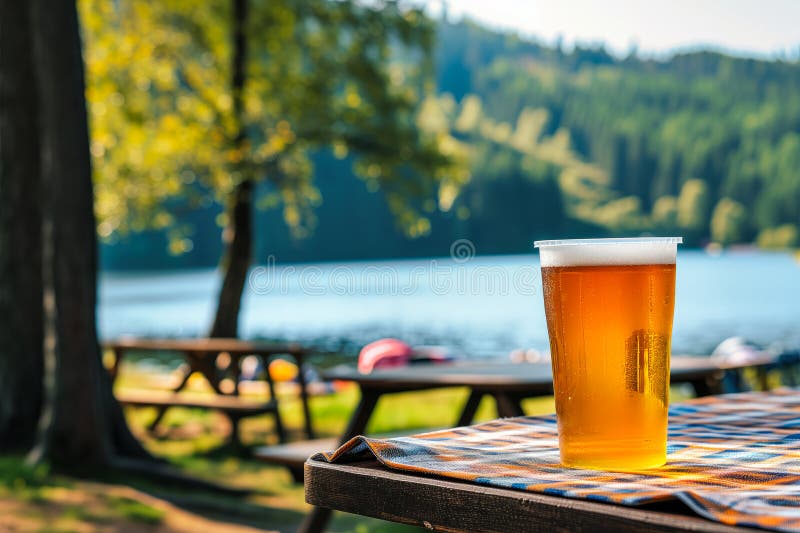 A Tranquil Lakeside Setting with a Cold Beer on a Table, Embodying the ...