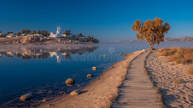 Tranquil Lakeview with Tree and Pathway Scene Stock Illustration ...