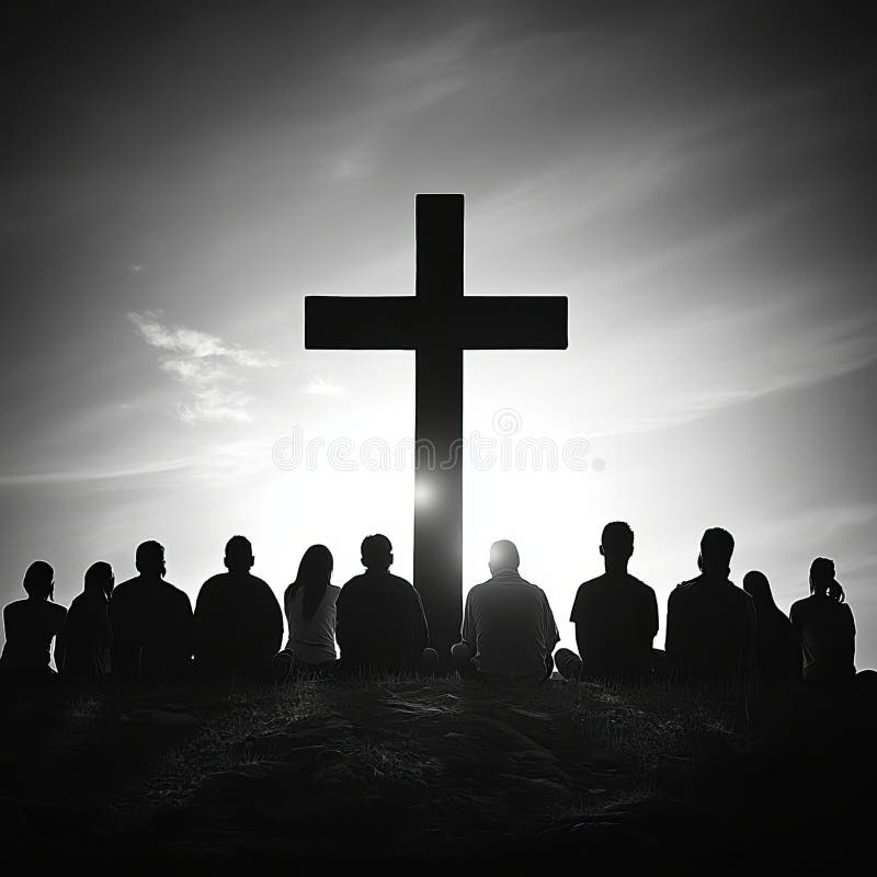 In a Tranquil Landscape, a Cross Stands with the Silhouettes of People ...