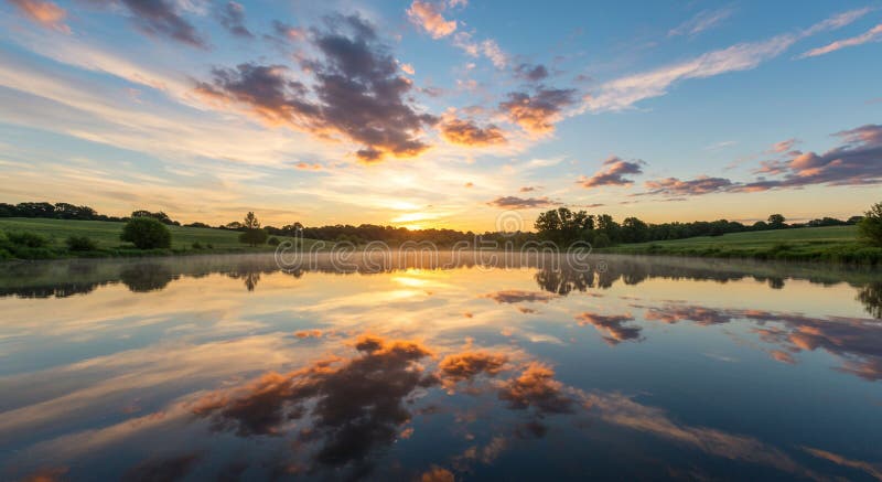 Tranquil Landscape Featuring a Serene Lake Reflecting the Sky at Sunset ...