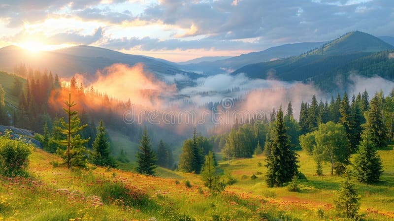 Tranquil Landscape with Misty Mountains and Distant Rows of Trees ...