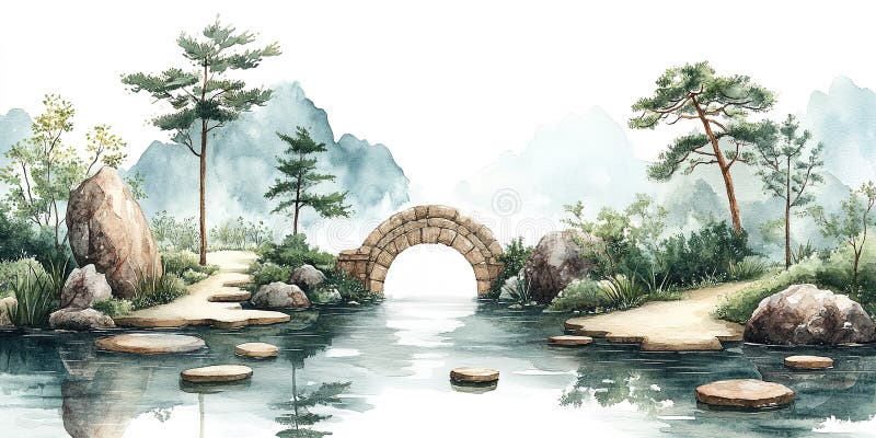 Tranquil Landscape with Stone Bridge and Serene Water Reflections in a ...