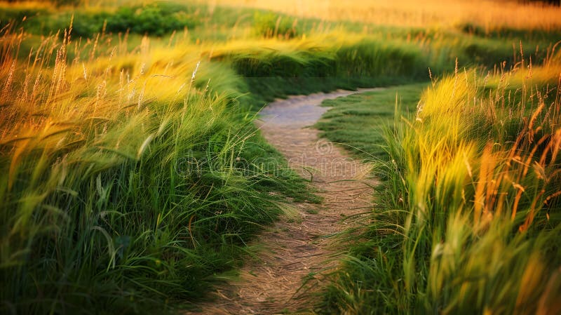 Tranquil Landscape with a Winding Path through a Field of Tall Grass AI ...