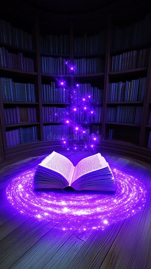 A Tranquil Library Corner with Glowing Floating Books Stock ...