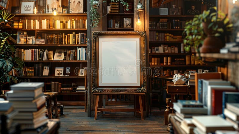 A Tranquil Library Corner Showcasing an Empty Frame and Books in Warm ...