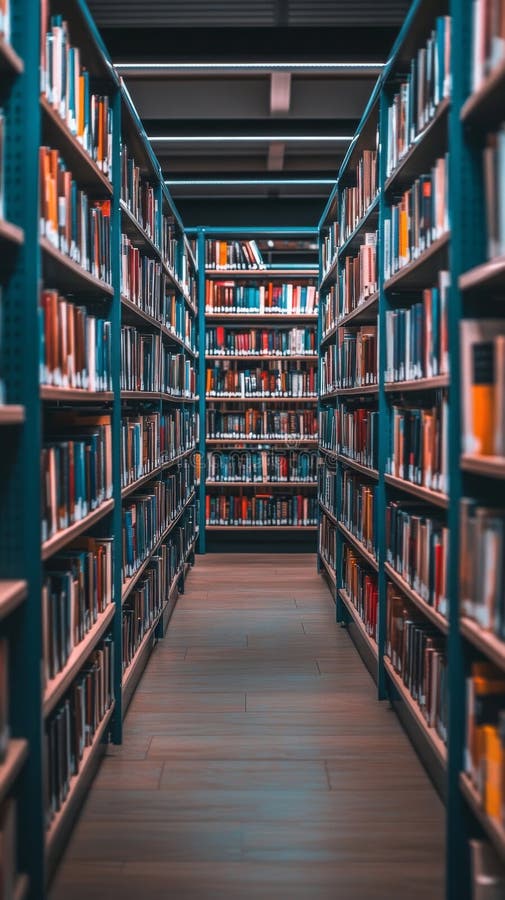 A Tranquil Library Corridor Filled with Colorful Books on Shelves. Rows ...