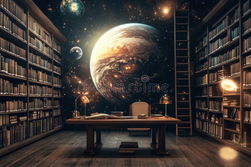 Cosmic Library with Celestial Wallpaper and Study Area in a Serene ...