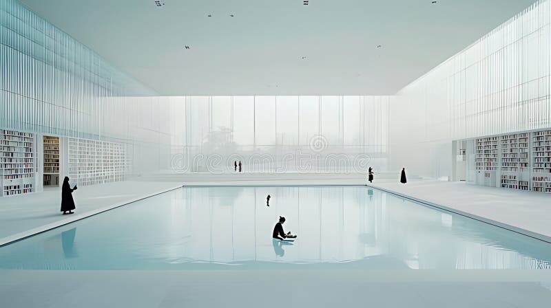 Tranquil Library Interior with Indoor Pool, Minimalist Design, People ...