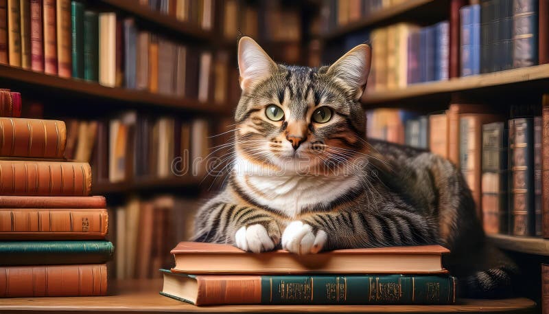 Tranquil Library Shelves Accommodate a Relaxing Tabby Cat among Stacks ...