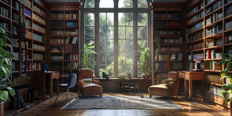 A Tranquil Library with Sunlit Window and Classic Bookcases. Created by ...
