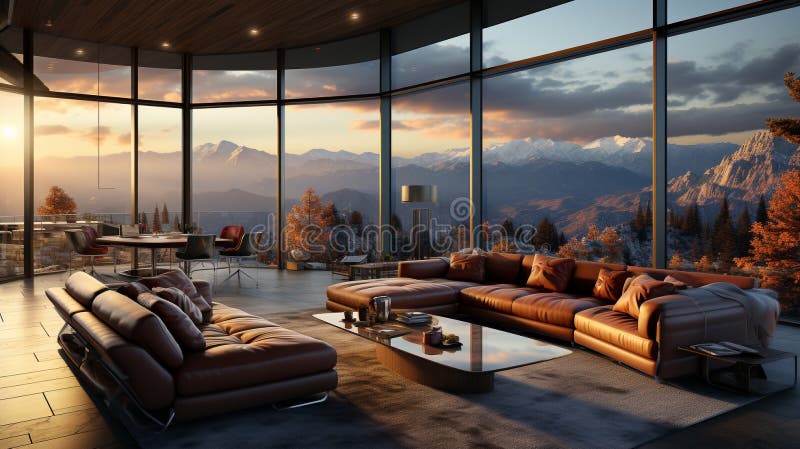 A Tranquil Living Room with Panoramic Windows and Soft Natural Light. AI Generated. Stock ...