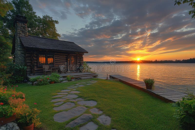 Tranquil Log Cabin Overlooking Lake at Sunset with Dramatic Sky Stock ...