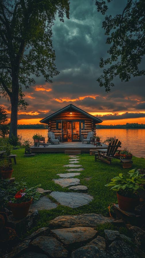 Tranquil Log Cabin Overlooking Lake at Sunset with Dramatic Sky Stock ...