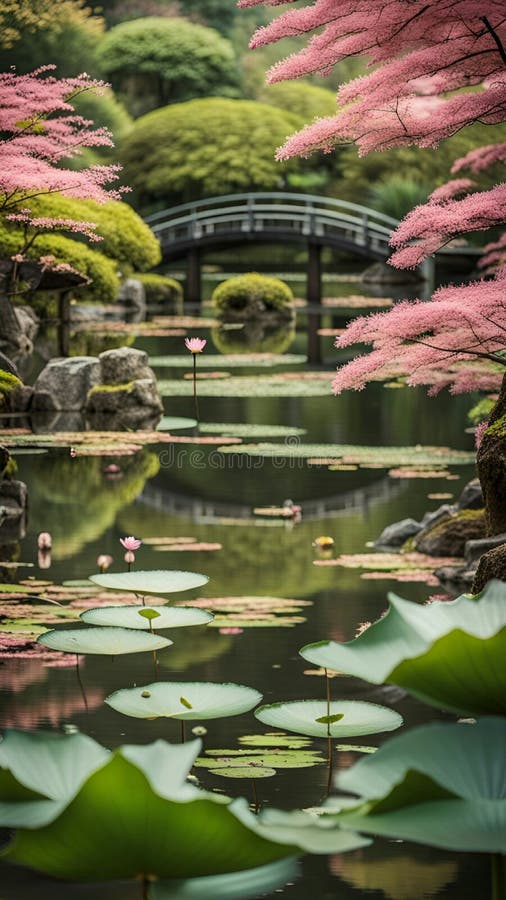 Tranquil Lotus Pond with Blossoms in Japanese Garden Stock Illustration ...