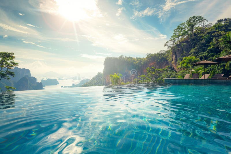 Luxury Infinity Pool with Rainforest View Below Sunny Blue Sky Stock ...