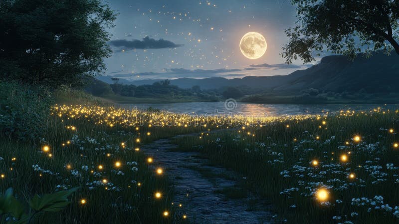 A Moonlit Path through a Field of Fireflies by a Lake Stock ...