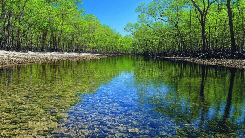 Tranquil Mangrove Forest River Scene with Clear Green Water Reflection ...