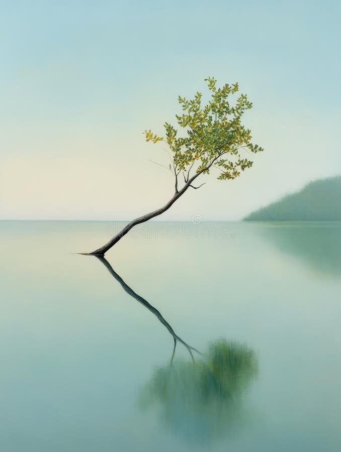 Tranquil Mangrove Lagoon Reflection Showcasing a Single Tree Leaning ...