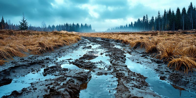 Tranquil Marsh Landscape with Muddy Path, Water Reflection, Trees, and ...