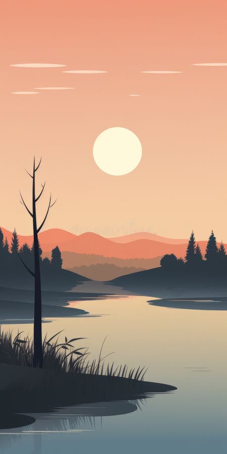 Tranquil Marsh: Minimalistic Cartoon Sunset Scenery Wallpaper Stock ...