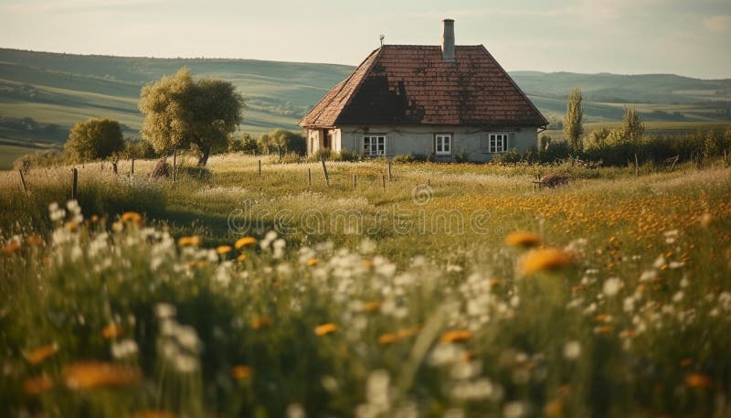 Tranquil Meadow, Rustic Farmhouse, Yellow Sun, Green Grass, Blue Sky ...