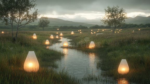 Tranquil Meadow Stream, Lit by Lanterns Stock Photo - Image of light ...