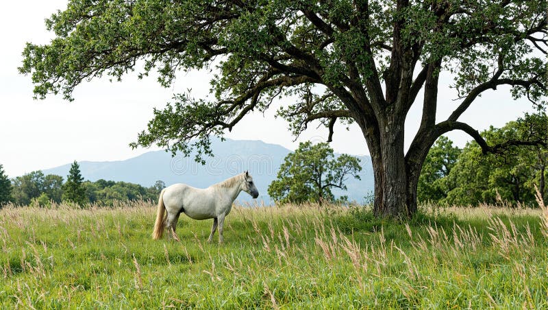 Tranquil Meadow with White Horse Under Oak Tree Distant Mountains Stock ...