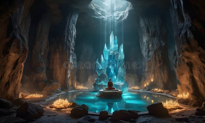 Tranquil Meditation Space within a Crystal Cavern Sanctuary. Secluded ...