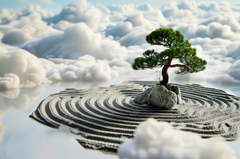 Tranquil Miniature Zen Garden with Bonsai Tree in Surreal Cloudscape ...