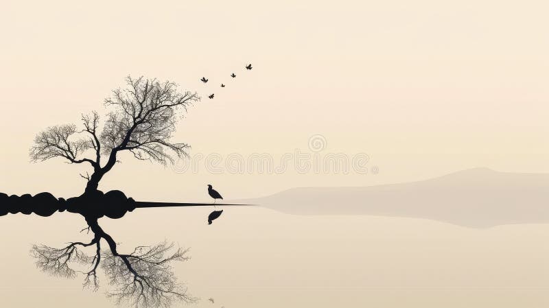 Tranquil Minimalism Lone Tree, Serene Reflection, Nature Backdrop, Ai ...