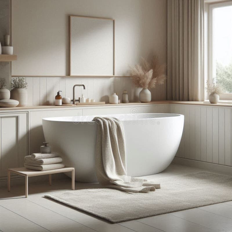 Tranquil Minimalist Bathroom with Central Bathtub and Neutral Tones ...