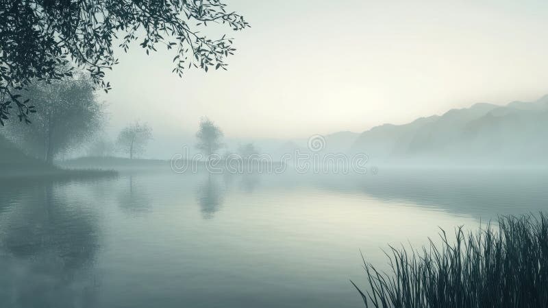 Tranquil Misty Lake at Sunrise with Reflections and Silhouetted Trees ...