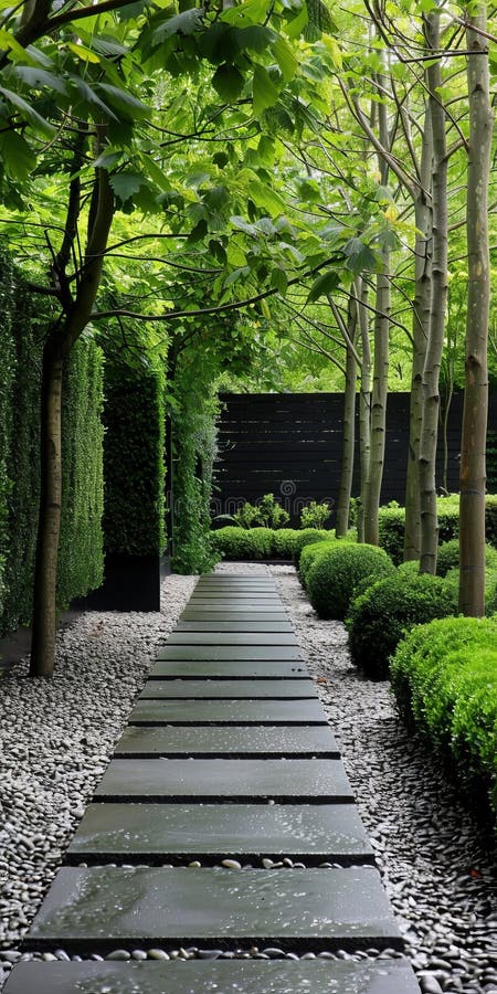 Tranquil Modern Garden Pathway with Lush Greenery Stock Illustration ...