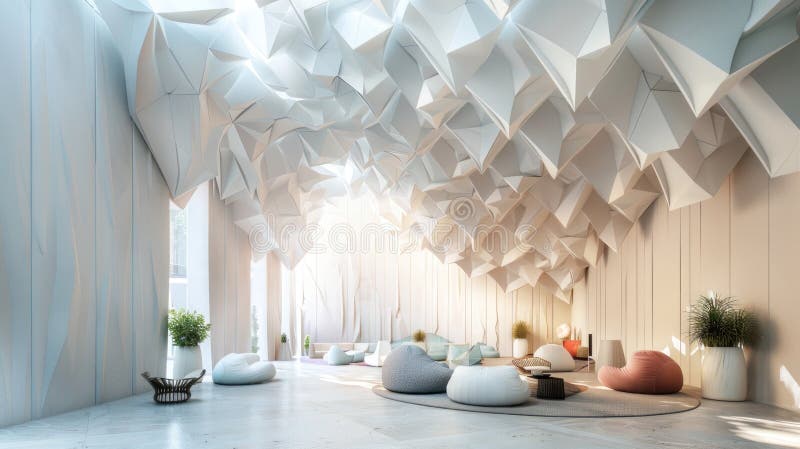 A Tranquil Modern Lounge with Geometric Ceiling Design and Cozy Seating ...