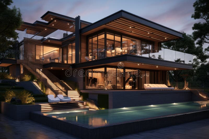 Tranquil Modern Sunny House. Generate Ai Stock Image - Image of home ...